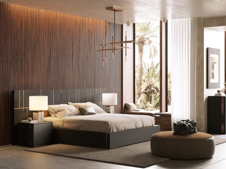 American Queen Size Bed with Oversized Headboard in Wood Veneer and ...