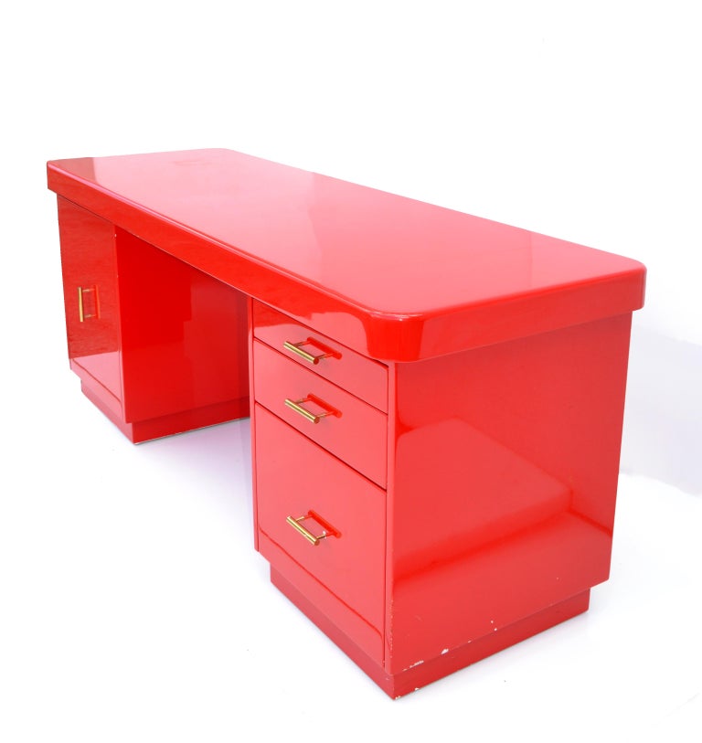 American Red Lacquered Writing Table Office, Tanker Desk Laminated Wood ...