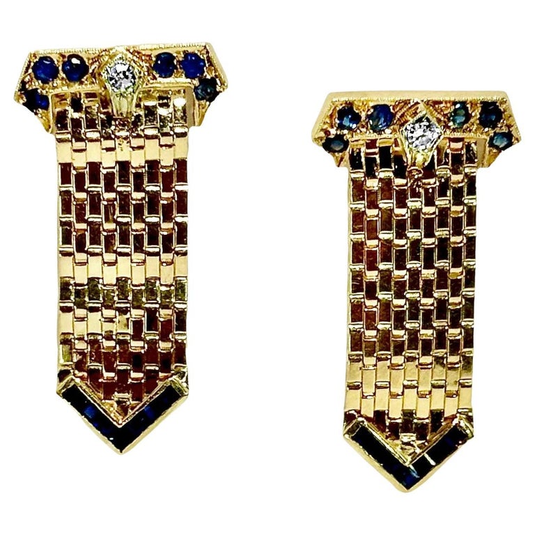 American Retro Brick Link Buckle Motif Earrings with Sapphires and ...