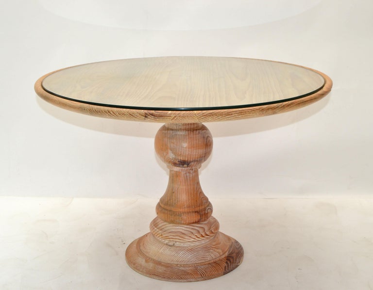American Round Mid-Century Modern Turned Bleach Oak Wood and Glass ...