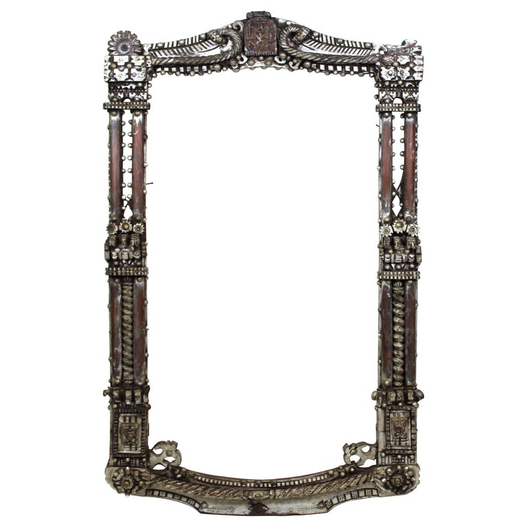 American Southwest Folk Art Carved Wood Frame with Porcelain and Metal ...