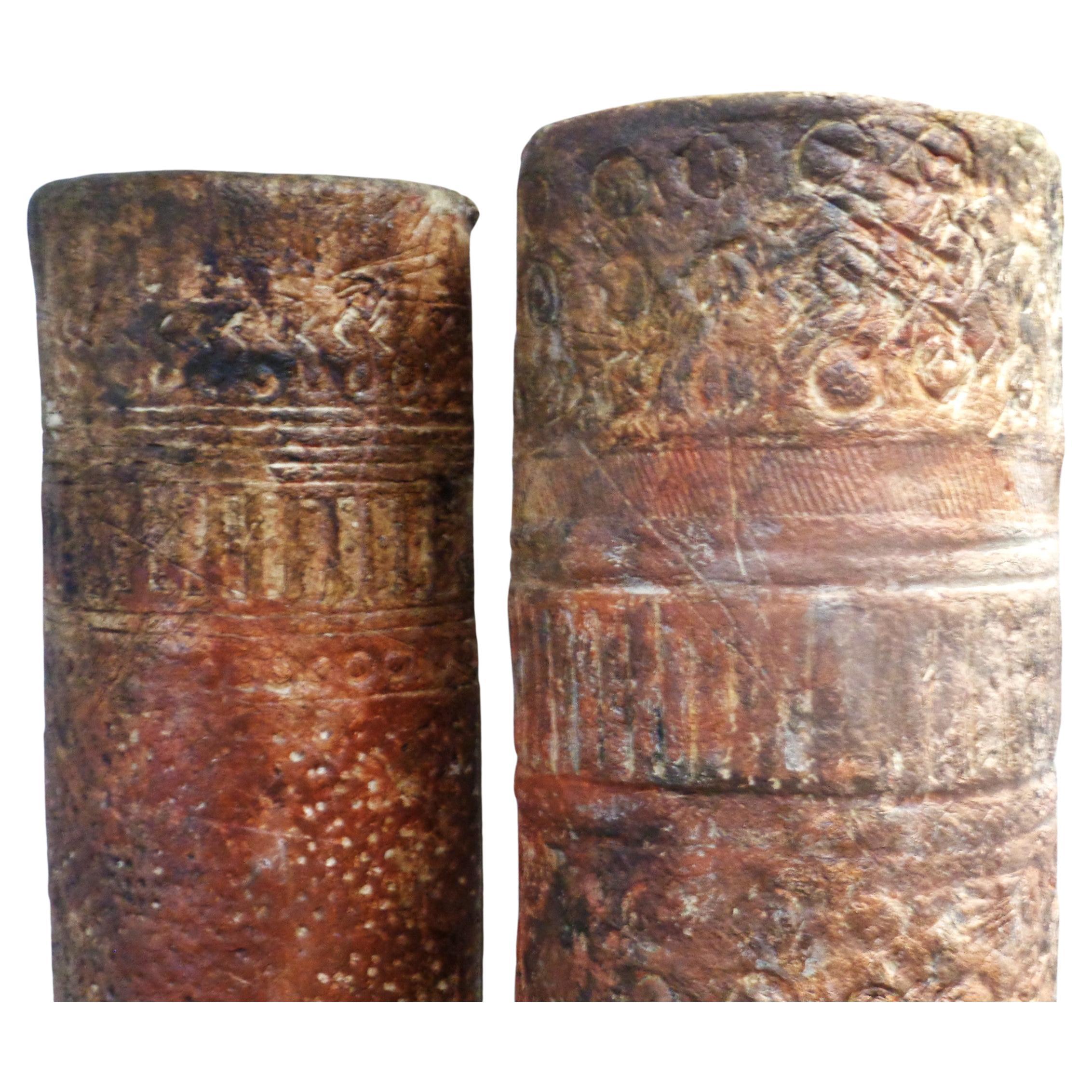 American Studio Craft Paper Mache Columns w/ Cryptic Symbol Decoration ...