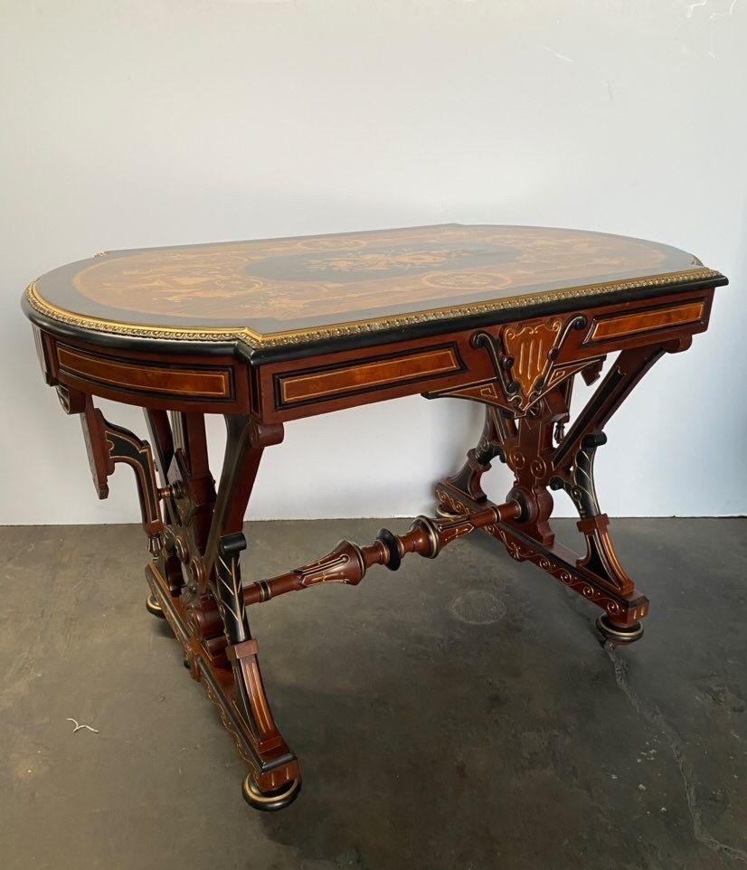 American Victorian Renaissance Revival Inlaid Library Table at 1stDibs