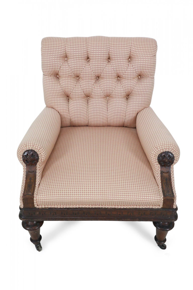 American Victorian Tufted Upholstered Red and Beige Checkered Mahogany ...