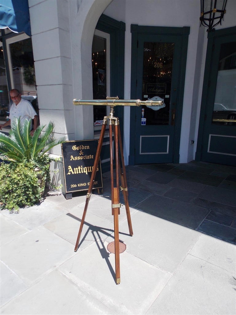 American Walnut Brass Telescope with Level Mounted on Tripod Stand ...