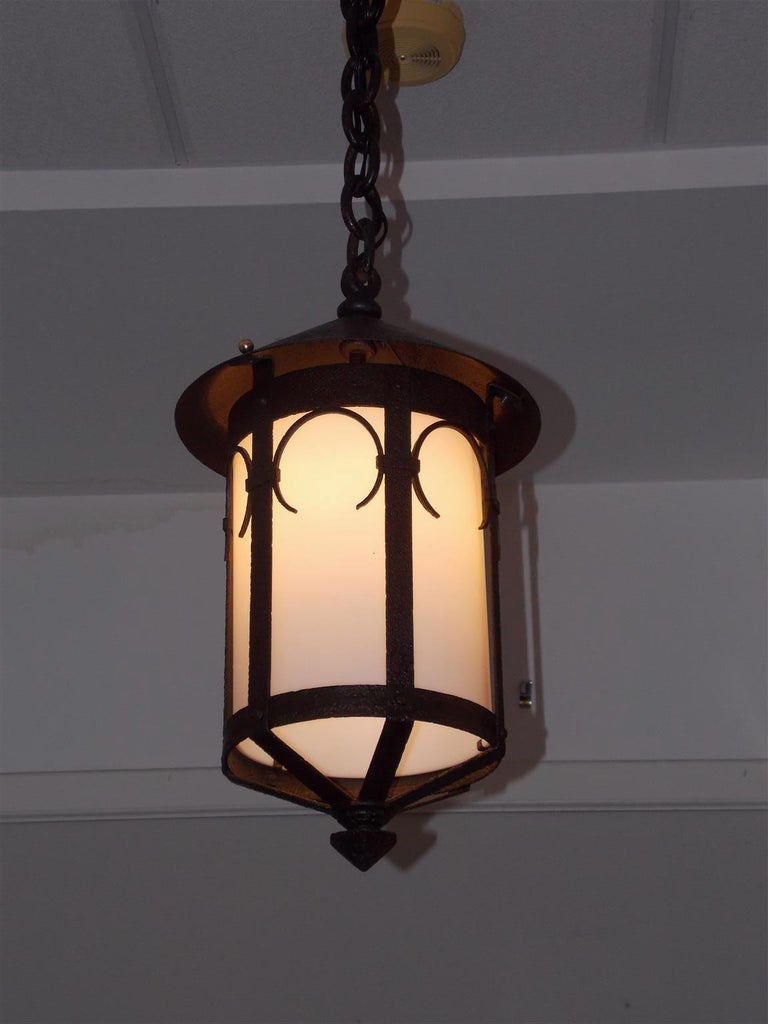 American Wrought Iron and Milk Glass Decorative Hanging Hall Lantern ...