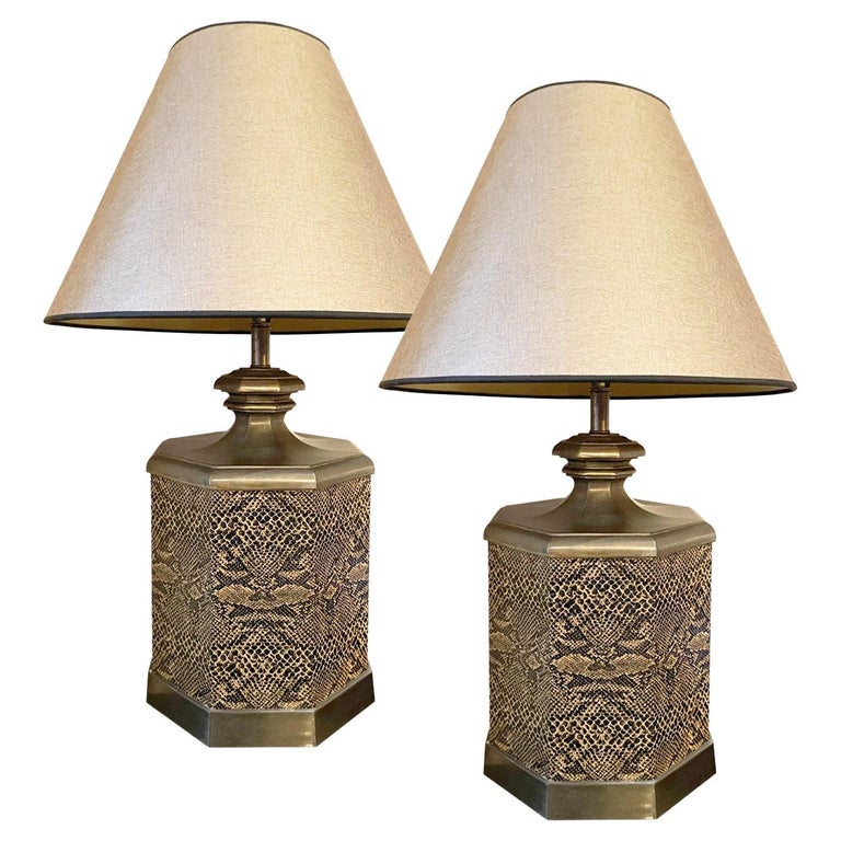 Mid-Century Table Lamps, Pagoda Style, Bronze and Snakeskin - Fredrick ...