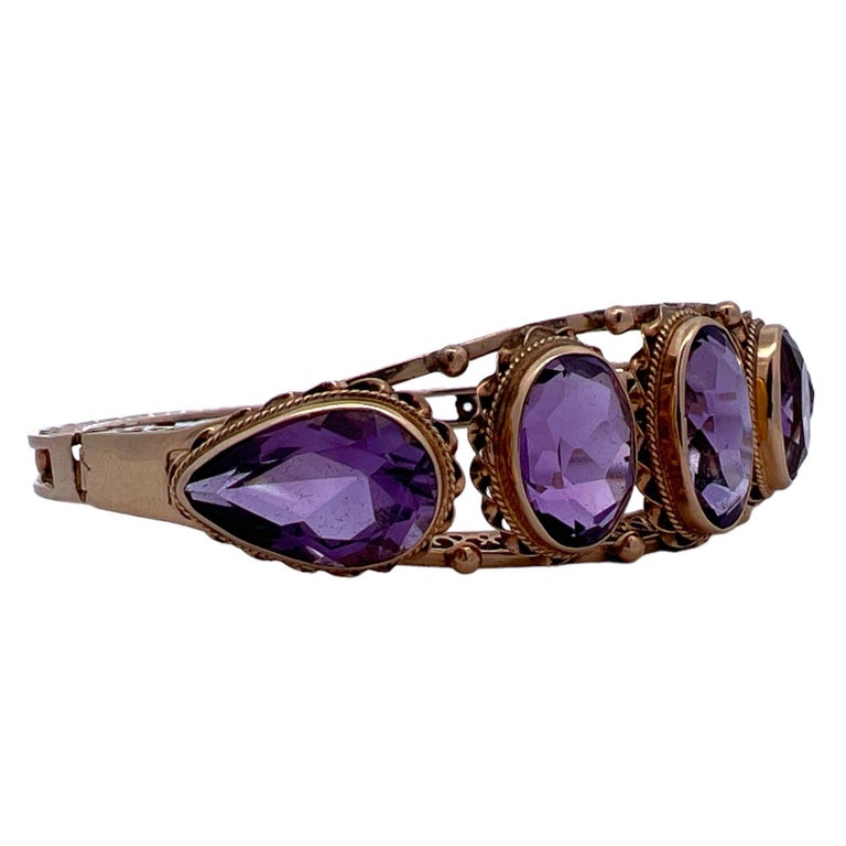 Amethyst 14 Karat Yellow Gold Vintage Bezel Set Textured Bangle ...