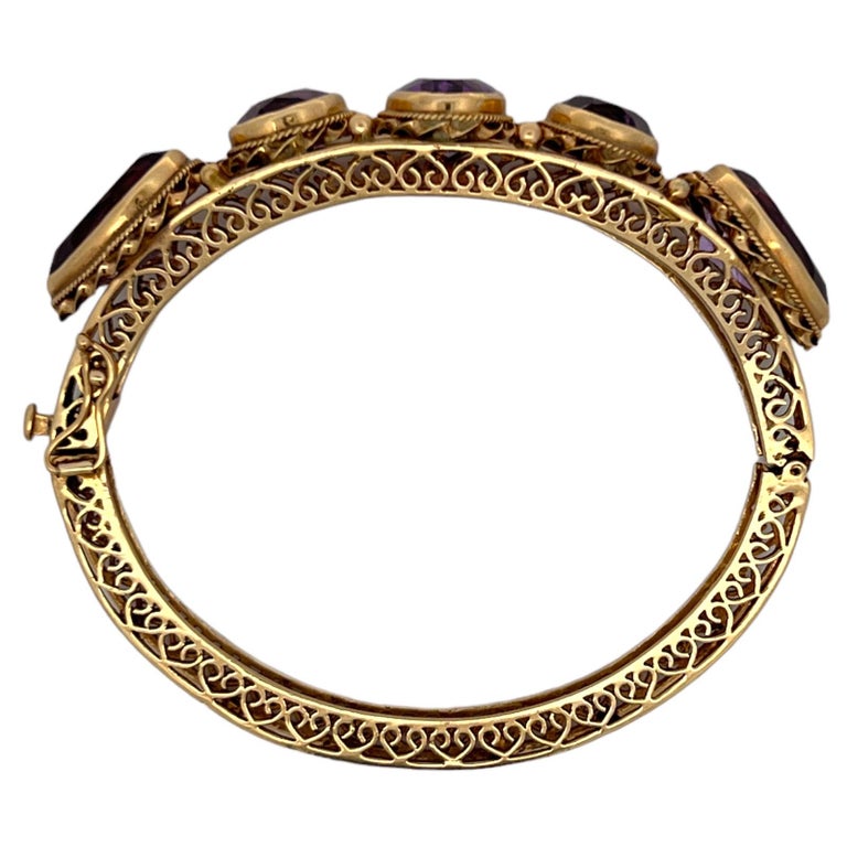 Amethyst 14 Karat Yellow Gold Vintage Bezel Set Textured Bangle ...