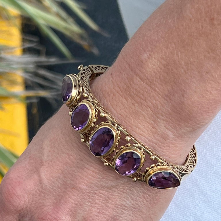 Amethyst 14 Karat Yellow Gold Vintage Bezel Set Textured Bangle ...