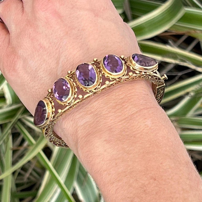 Amethyst 14 Karat Yellow Gold Vintage Bezel Set Textured Bangle ...
