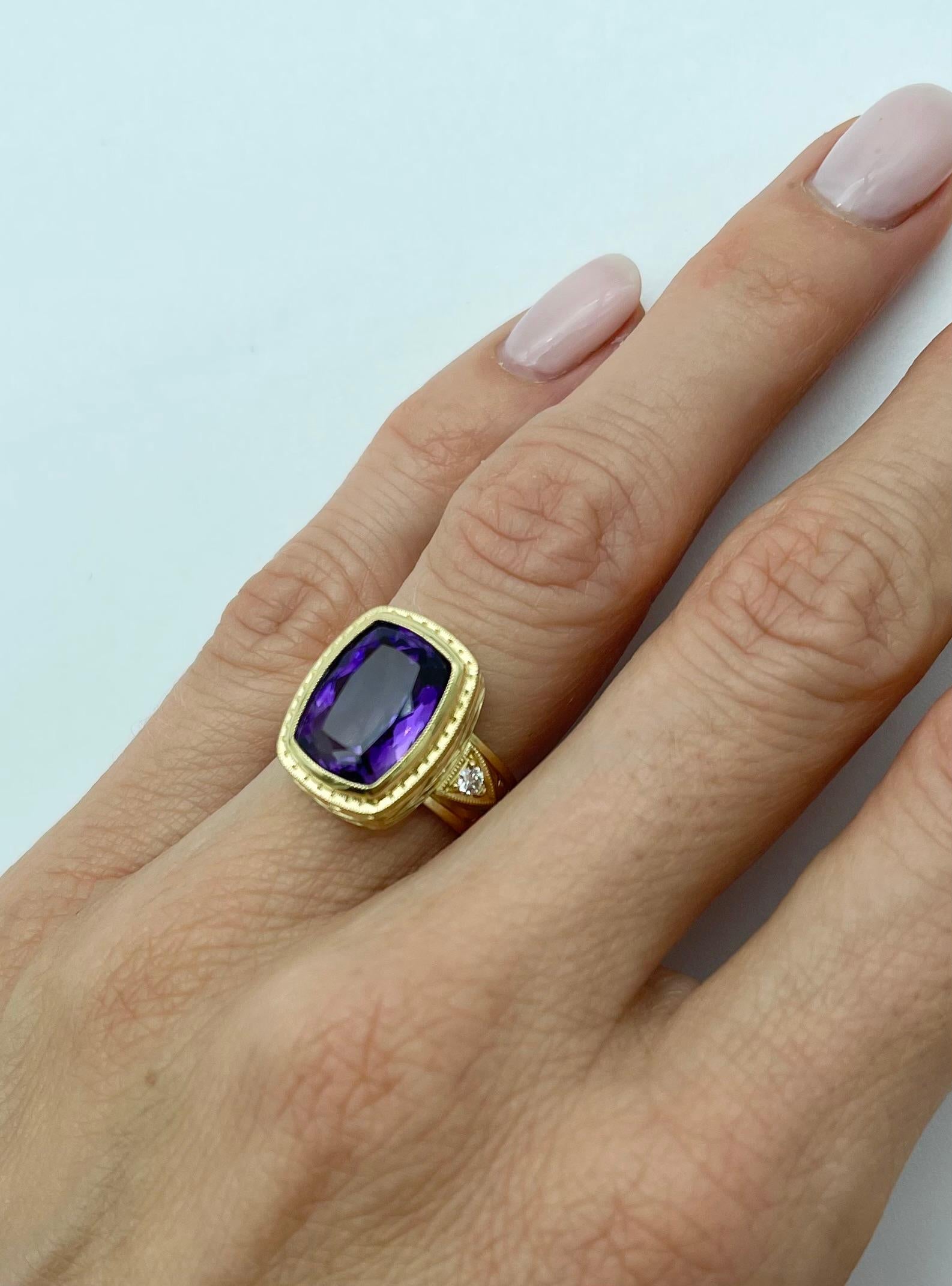 Amethyst and Diamond Handmade Yellow Gold Engraved Bezel Signet Band ...