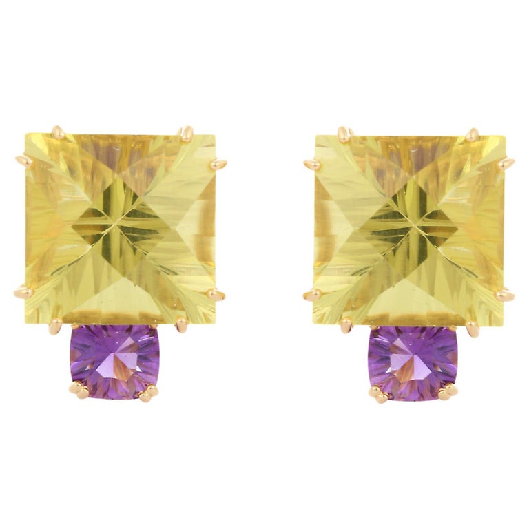 Amethyst and Lemon Topaz Clip on Stud Earrings in 18K Yellow Gold For ...