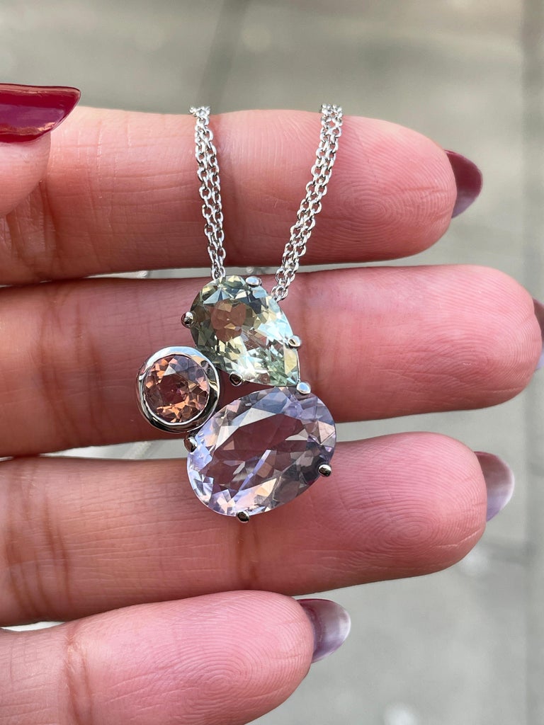 Amethyst and Tourmaline 18 Carat White Gold Earrings and Pendant Necklace Set For Sale at 1stDibs