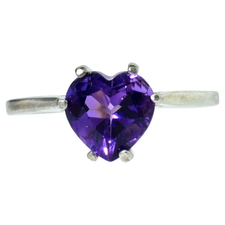 Amethyst and White Gold Ring Centering a Fine Heart Shaped Vivid Purple ...