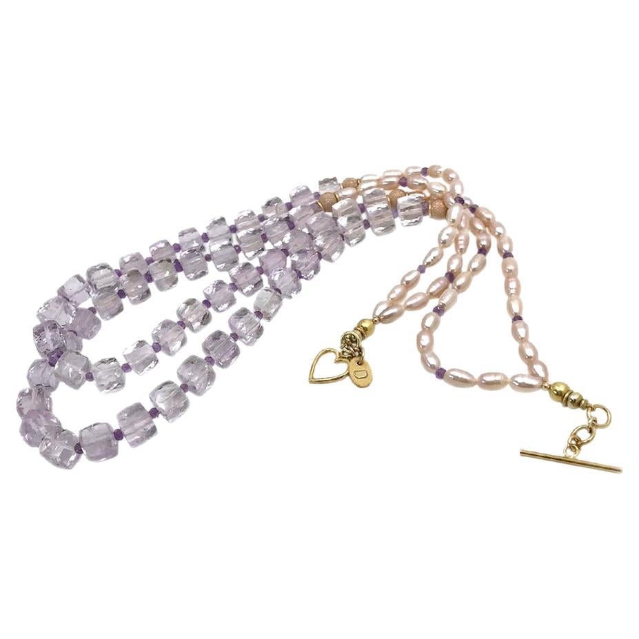 Amethyst Cube and Rice Pearl Double Strand Necklace For Sale at 1stDibs