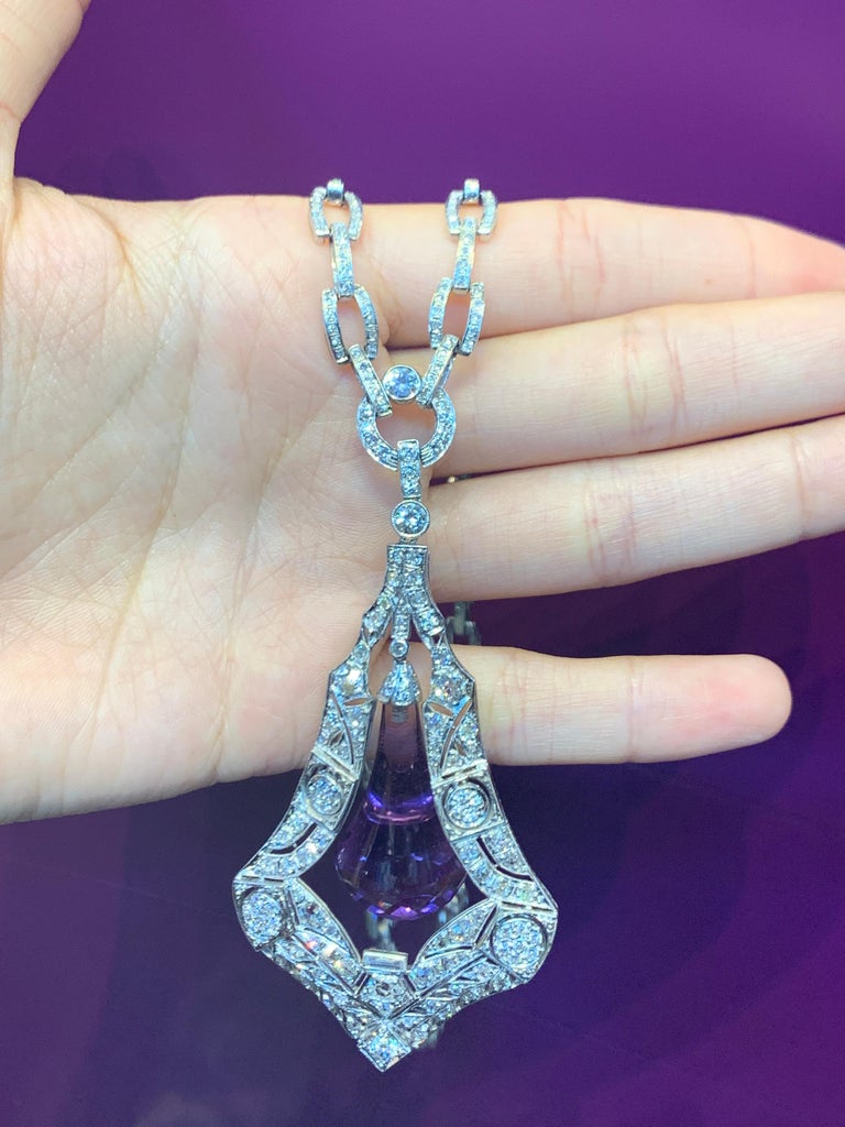 Amethyst and Diamond Drop Necklace For Sale at 1stDibs