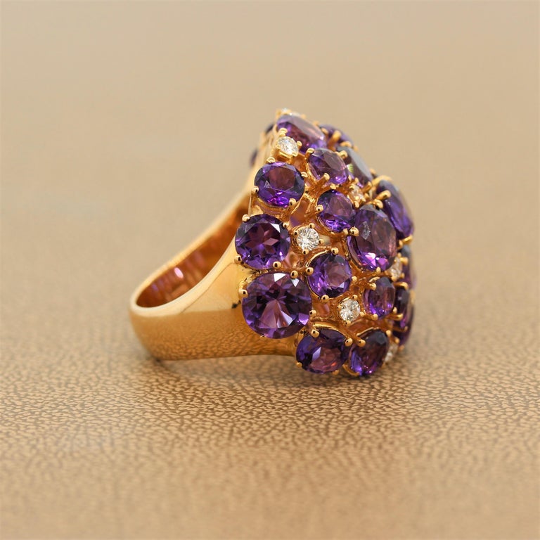Amethyst Diamond Gold Cluster Cocktail Ring For Sale at 1stDibs