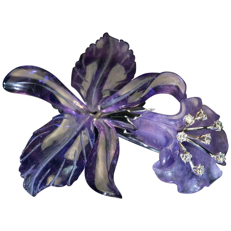 Amethyst Diamond Gold Orchid Brooch Pin, 1950s at 1stDibs