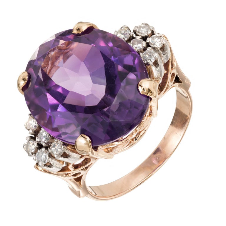 11.50 Carat Oval Amethyst Diamond Gold Platinum Cocktail Ring at 1stDibs
