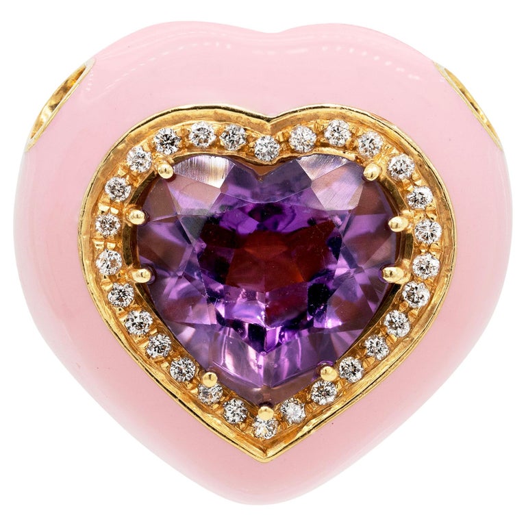 Amethyst, Diamond Pink Enamel 18 Carat Yellow Gold Heart Pendant For ...