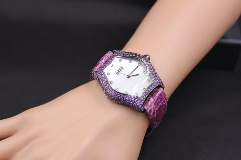 Amethyst and Diamonds Pave Dial Luxury Swiss Quartz Exotic Leather ...