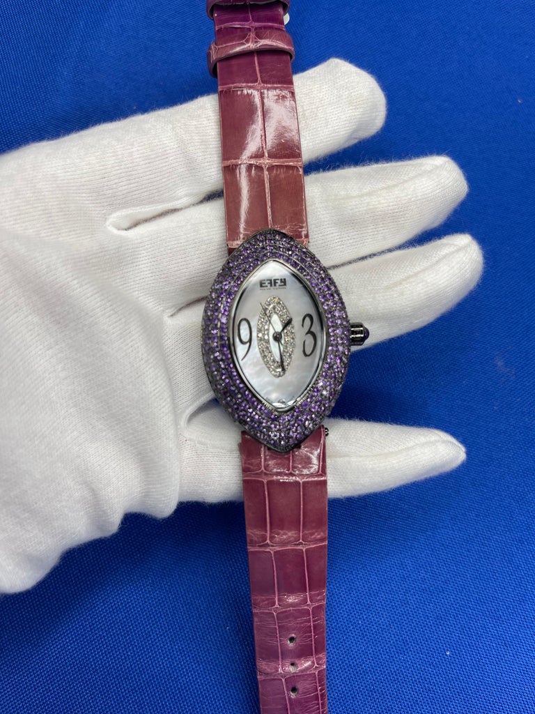 Amethyst and Diamonds Pave Dial Luxury Swiss Quartz Exotic Leather ...