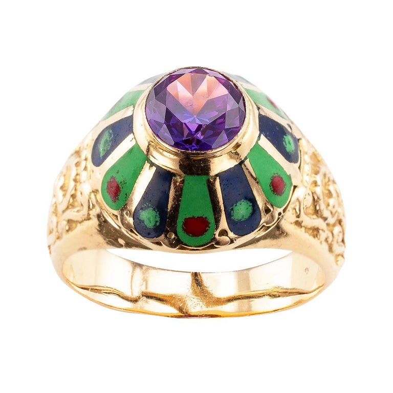 Amethyst Enamel Yellow Gold Portuguese Ring at 1stDibs