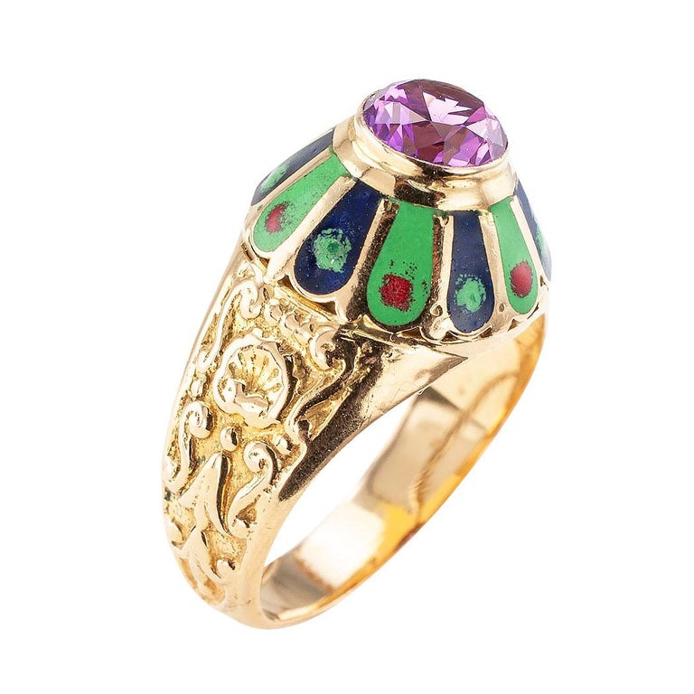 Amethyst Enamel Yellow Gold Portuguese Ring at 1stDibs