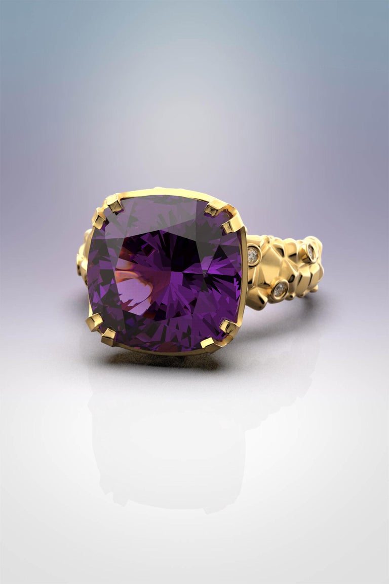 Customizable Amethyst Gold Ring with Rock Texture and Small Diamond ...