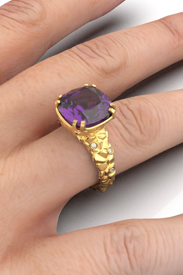 Customizable Amethyst Gold Ring with Rock Texture and Small Diamond ...