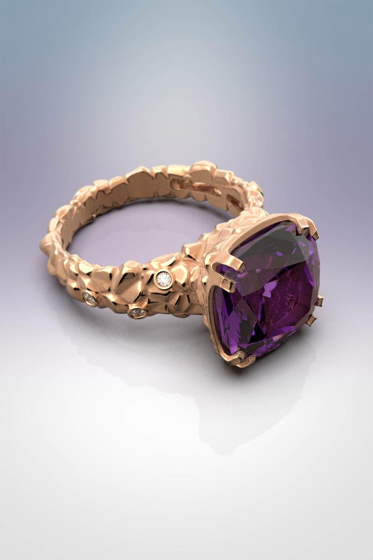 Customizable Amethyst Gold Ring with Rock Texture and Small Diamond ...