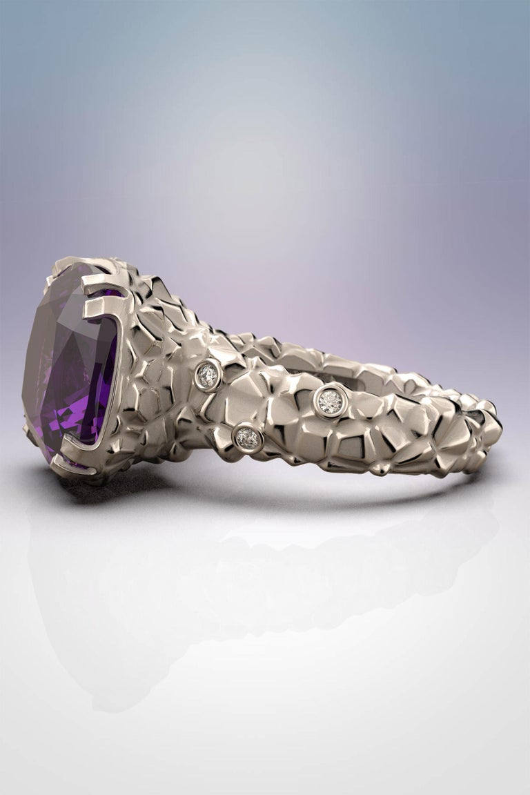 Customizable Amethyst Gold Ring with Rock Texture and Small Diamond ...