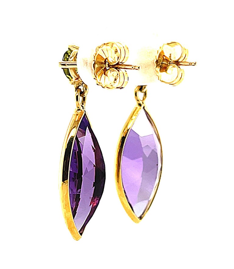 Amethyst Marquise and Peridot, 18k Yellow Gold Bezel Dangle Drop Post ...