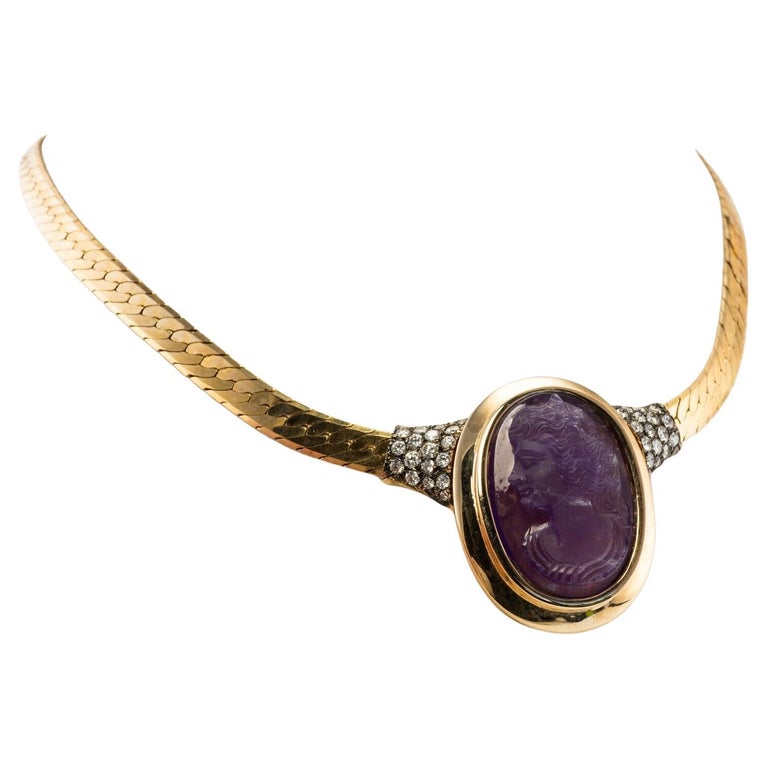Amethyst Necklace Diamond Cameo Choker 14K Gold For Sale at 1stDibs
