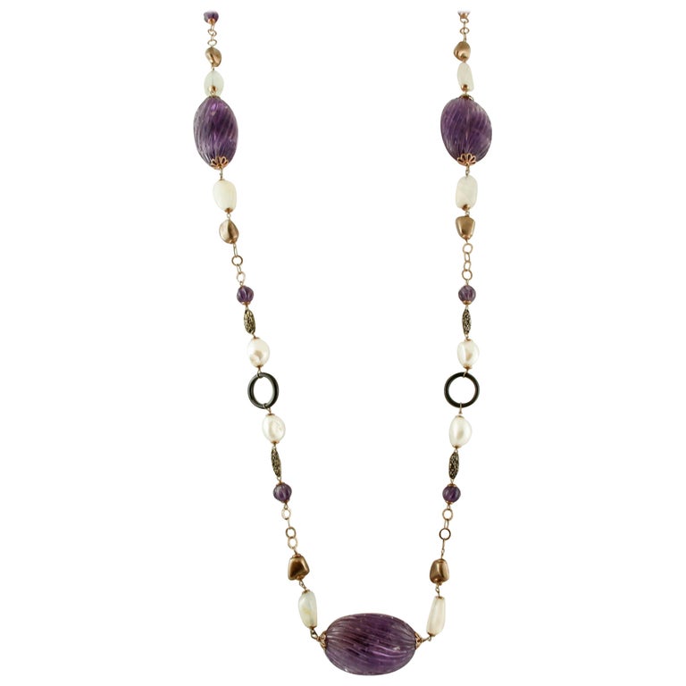Amethyst, Pearls, Onyx, Hard Stones, 9 Karat Rose Gold and Silver Long ...