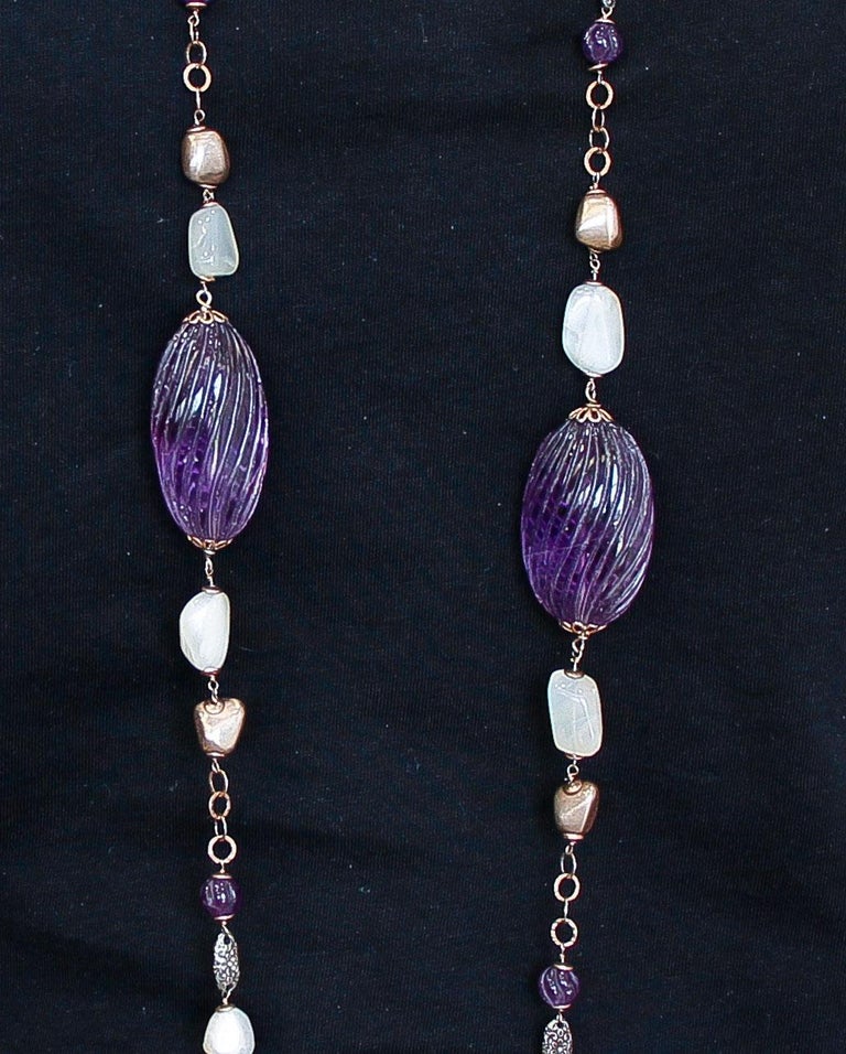 Amethyst, Pearls, Onyx, Hard Stones, 9 Karat Rose Gold and Silver Long ...