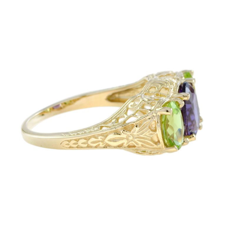 Amethyst Peridot Filigree Three Stone Ring in Solid 14K Yellow Gold For ...