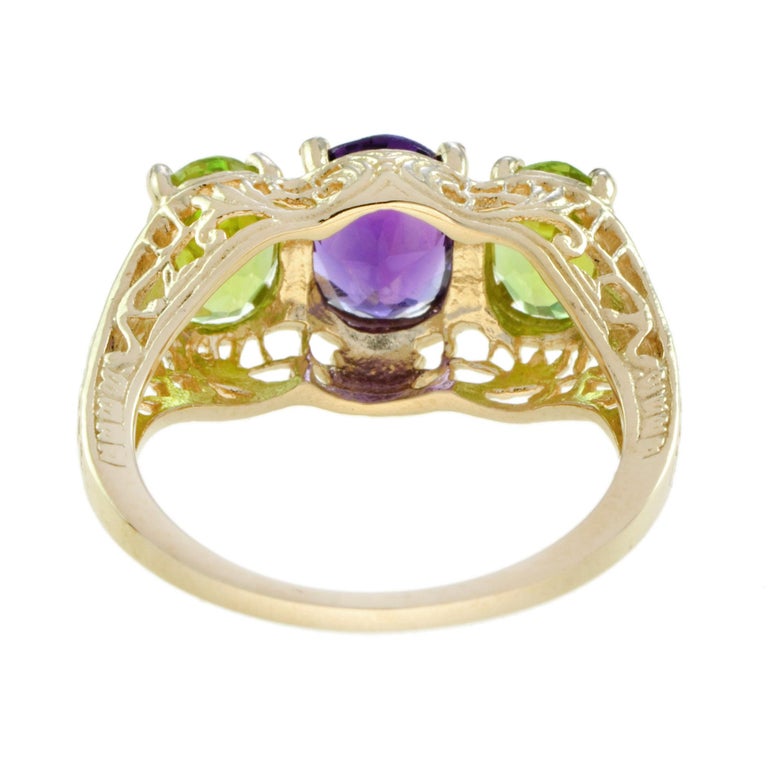 Amethyst Peridot Filigree Three Stone Ring in Solid 14K Yellow Gold For ...