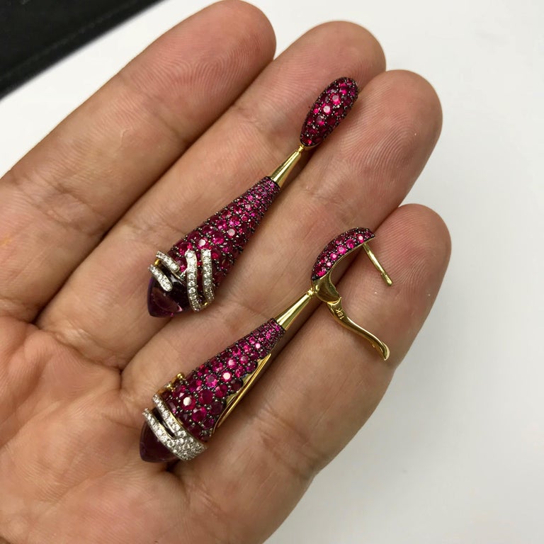 Amethyst 8.87 Carat Ruby Diamond 18 Karat Yellow Gold Earrings For Sale at 1stDibs