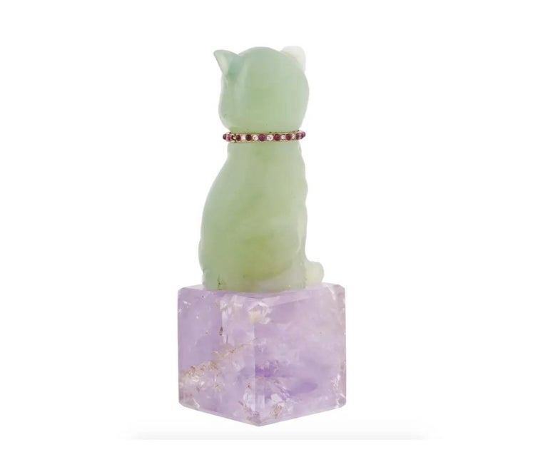 Amethyst Ruby Diamonds and Carved Jade Cat Figure For Sale at 1stDibs