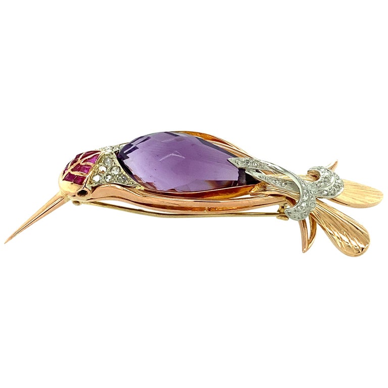 Amethyst, Sapphire and Diamond Hummingbird Pin at 1stDibs