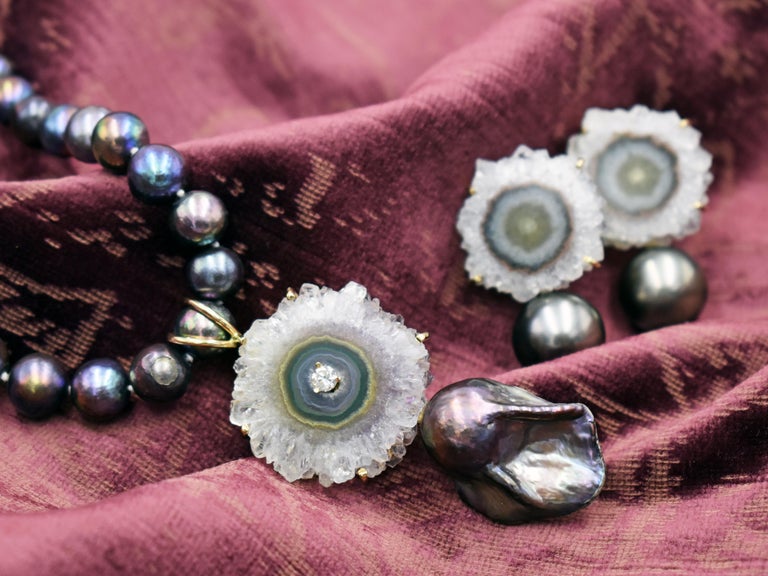 Amethyst Stalactite and Black Pearl Stud Earrings and Pendant Necklace ...
