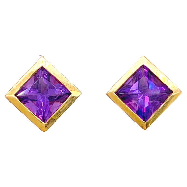 Amethyst Stud Earrings, 18K Yellow Gold, Princess Cut Amethyst Bezel ...