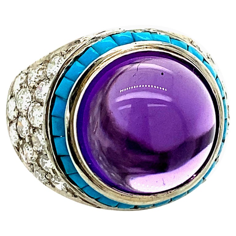 Amethyst, Turquoise and Diamond Cocktail Ring For Sale at 1stDibs