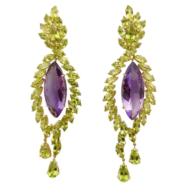 Amethyst with Peridot Earrings Set in 18 Karat Gold Settings For Sale ...