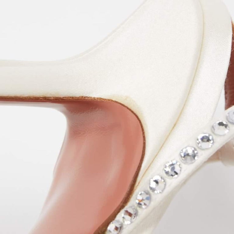 Amina Muaddi White Crystal Embellished Satin Vita Ankle Tie Sandals ...