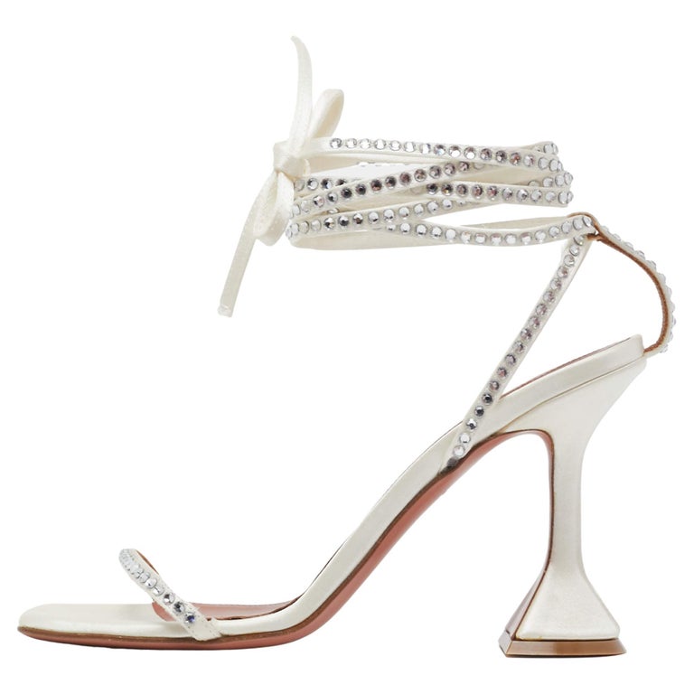 Amina Muaddi White Crystal Embellished Satin Vita Ankle Tie Sandals ...