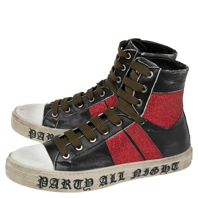 Amiri Black/Red Glitter And Leather Sunset Lace High Top Sneakers Size ...