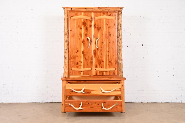 Amish Made Handcrafted Rustic Lodge Cedar and Faux Antler Armoire Dresser
